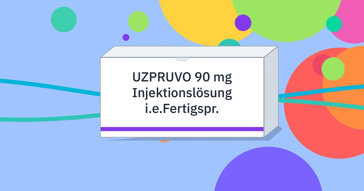 Symbolbild: Packung mit der Aufschrift UZPRUVO 90 mg Injektionslösung i.e.Fertigspr. (PZN 19465612) – Verfügbarkeit und Bezug in Apotheken in Frankfurt am Main
