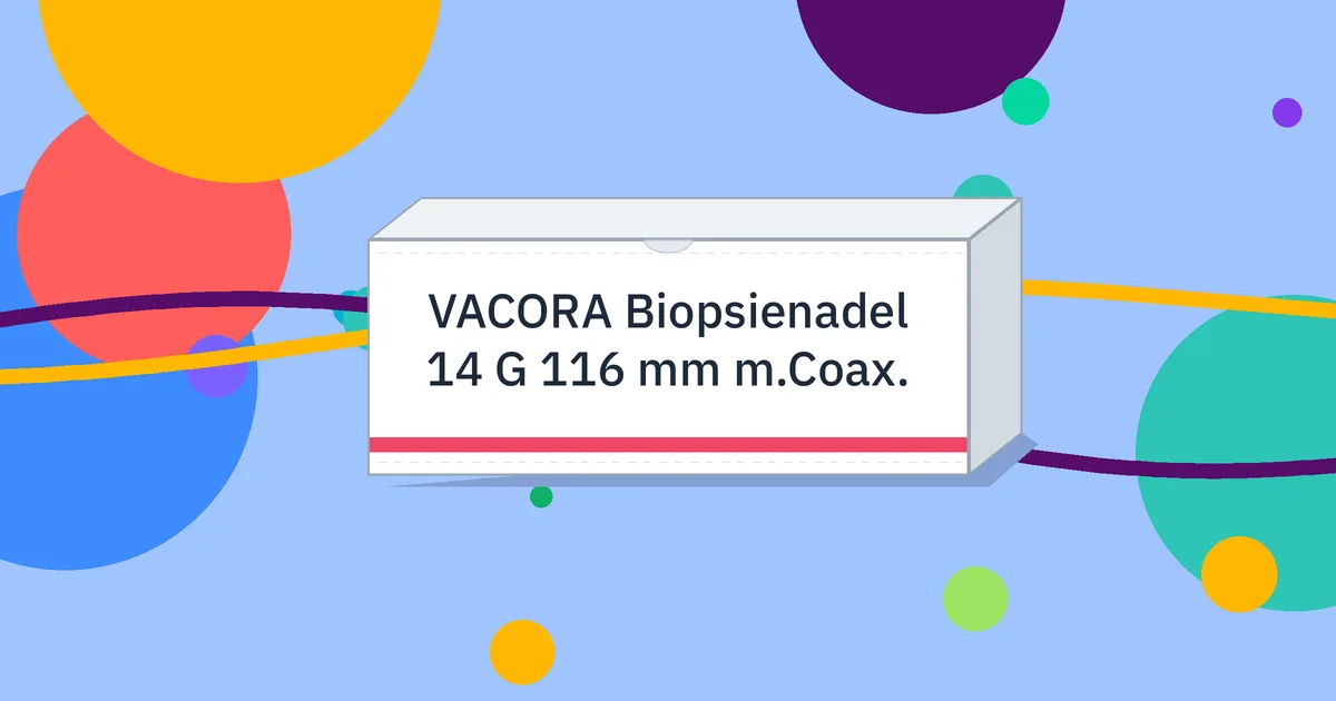 Symbolbild: Packung mit der Aufschrift VACORA Biopsienadel 14 G 116 mm m.Coax. (PZN 07781029) – Verfügbarkeit und Bezug in Apotheken in Frankfurt am Main