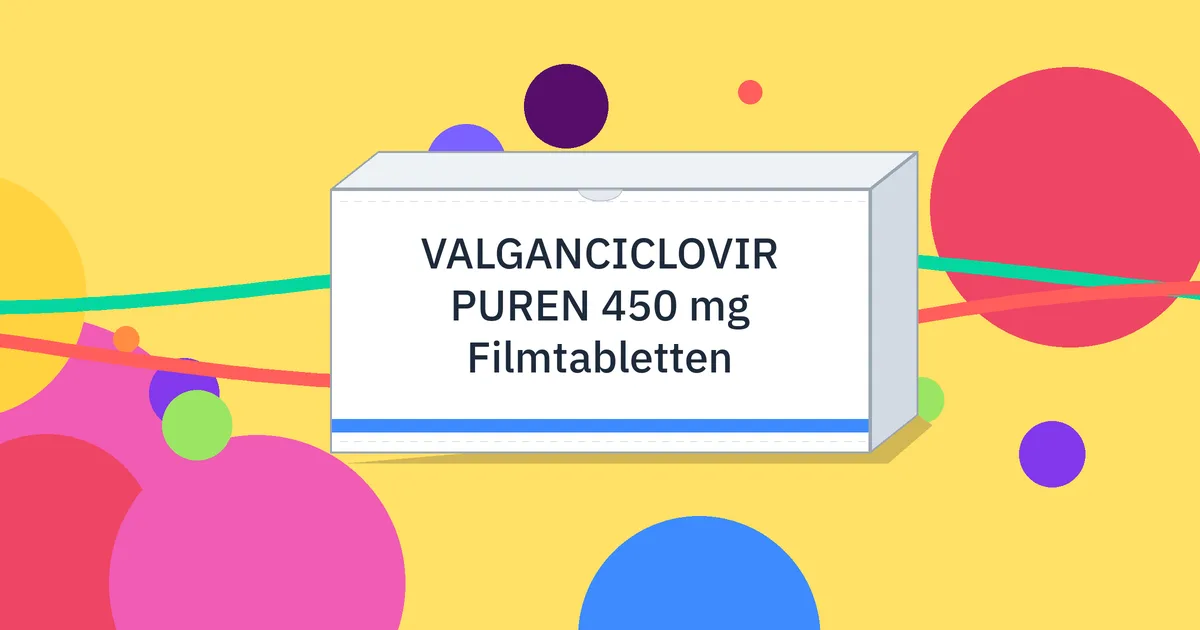 Symbolbild: Packung mit der Aufschrift VALGANCICLOVIR PUREN 450 mg Filmtabletten (PZN 18676790) – Verfügbarkeit und Bezug in Apotheken in Frankfurt am Main