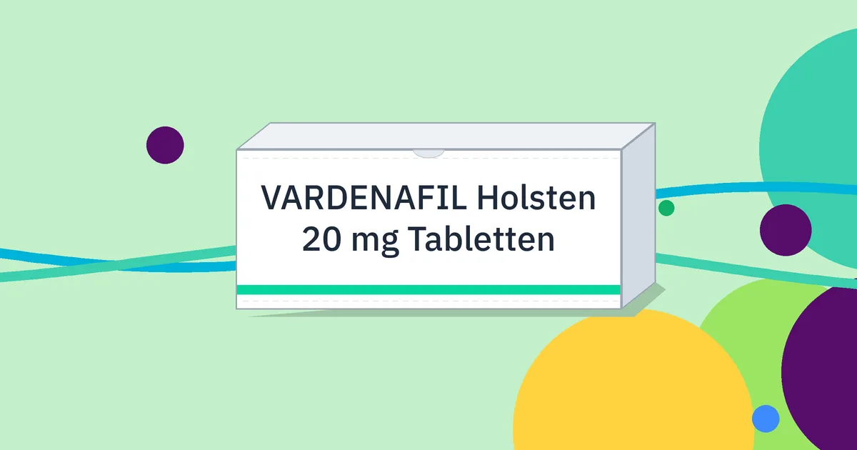 Symbolbild: Packung mit der Aufschrift VARDENAFIL Holsten 20 mg Tabletten (PZN 15319003) – Verfügbarkeit und Bezug in Apotheken in Frankfurt am Main