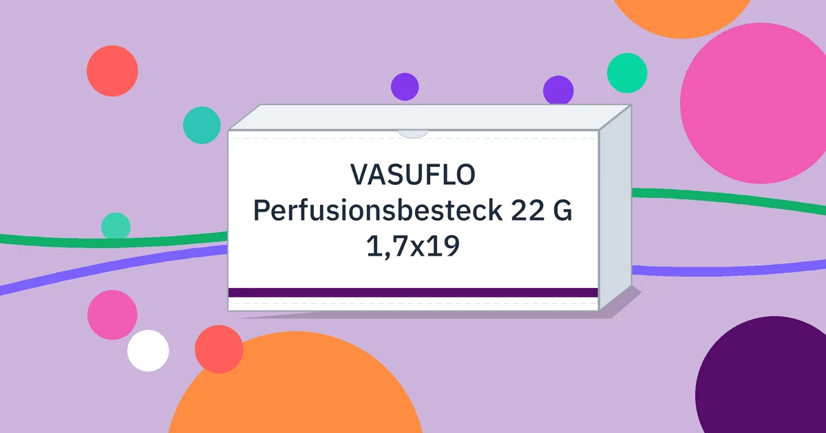 Symbolbild: Packung mit der Aufschrift VASUFLO Perfusionsbesteck 22 G 1,7x19 (PZN 03534529) – Verfügbarkeit und Bezug in Apotheken in Frankfurt am Main