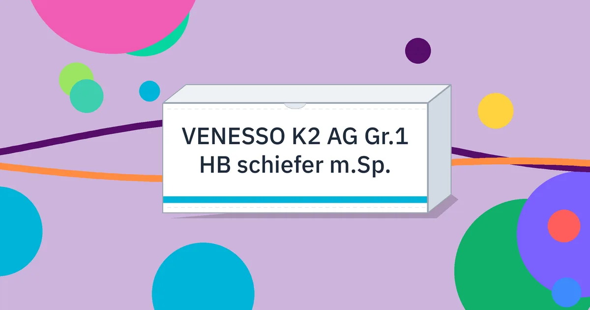 Symbolbild: Packung mit der Aufschrift VENESSO K2 AG Gr.1 HB schiefer m.Sp. (PZN 03263639) – Verfügbarkeit und Bezug in Apotheken in Frankfurt am Main