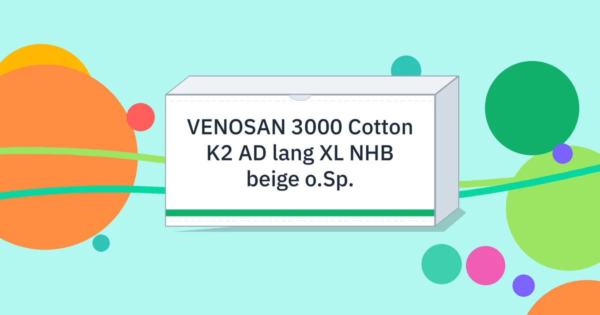 Symbolbild: Packung mit der Aufschrift VENOSAN 3000 Cotton K2 AD lang XL NHB beige o.Sp. (PZN 14421337) – Verfügbarkeit und Bezug in Apotheken in Frankfurt am Main