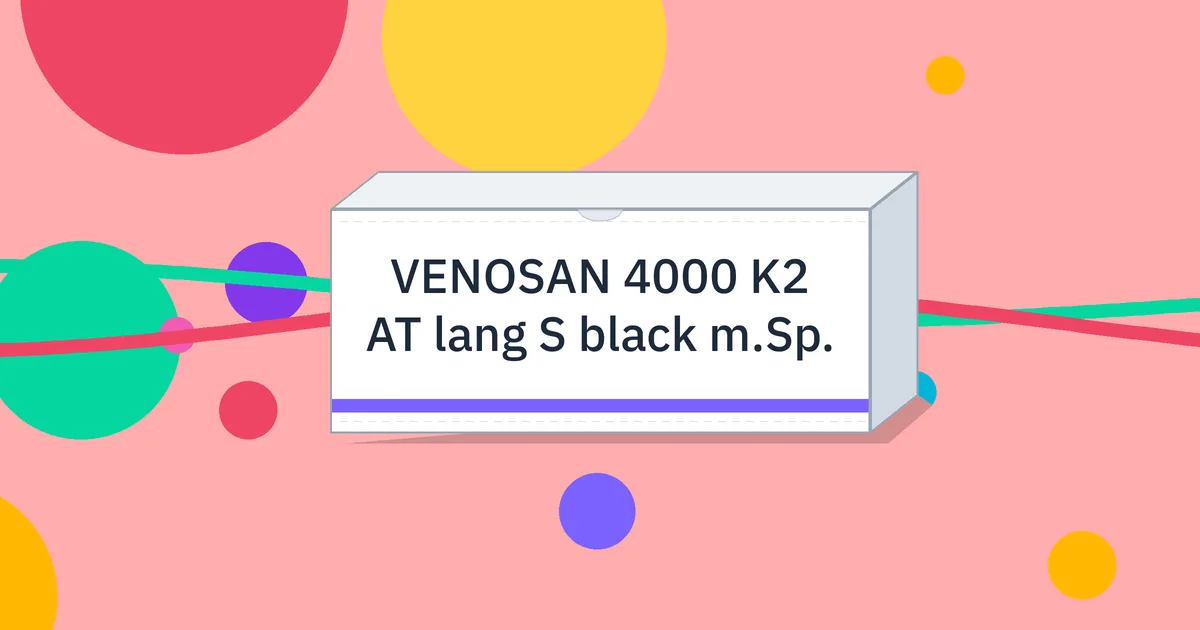 Symbolbild: Packung mit der Aufschrift VENOSAN 4000 K2 AT lang S black m.Sp. (PZN 14427506) – Verfügbarkeit und Bezug in Apotheken in Frankfurt am Main