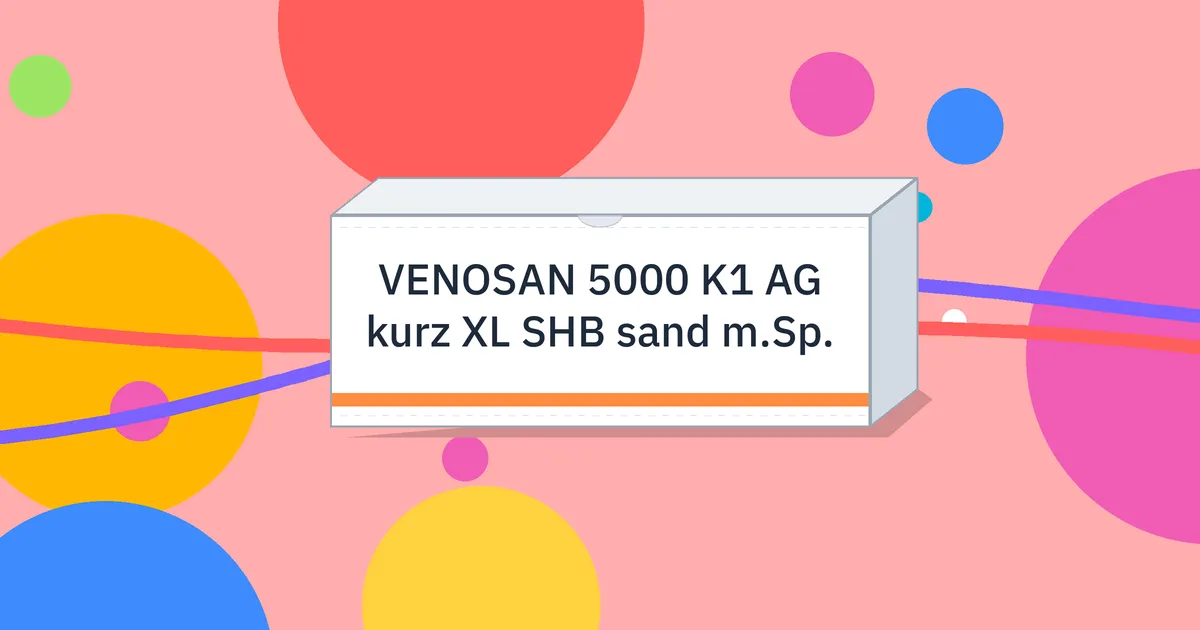 Symbolbild: Packung mit der Aufschrift VENOSAN 5000 K1 AG kurz XL SHB sand m.Sp. (PZN 14428411) – Verfügbarkeit und Bezug in Apotheken in Frankfurt am Main