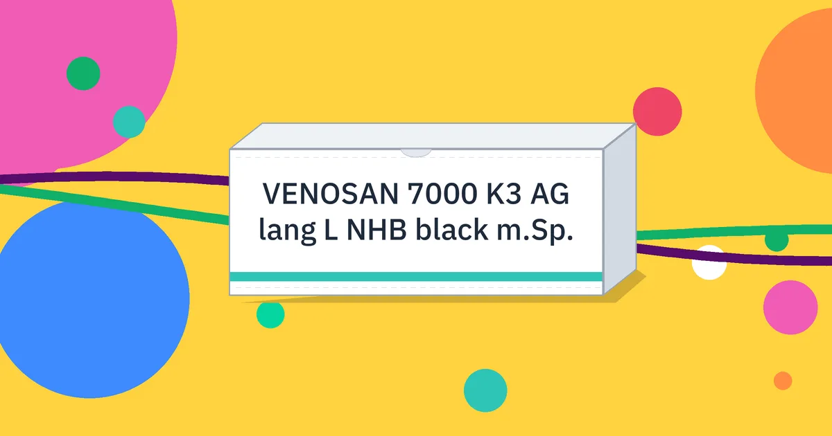 Symbolbild: Packung mit der Aufschrift VENOSAN 7000 K3 AG lang L NHB black m.Sp. (PZN 14436557) – Verfügbarkeit und Bezug in Apotheken in Frankfurt am Main