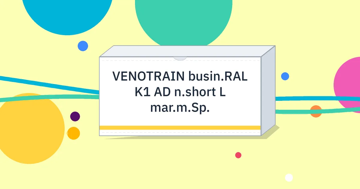 Symbolbild: Packung mit der Aufschrift VENOTRAIN busin.RAL K1 AD n.short L mar.m.Sp. (PZN 06948266) – Verfügbarkeit und Bezug in Apotheken in Frankfurt am Main