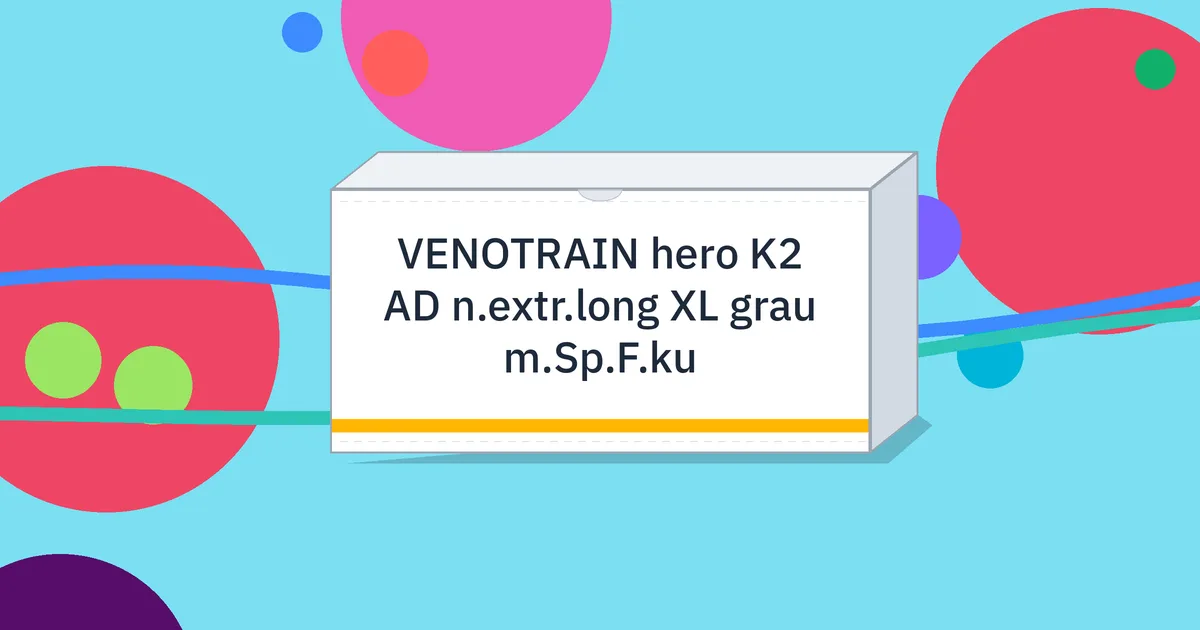 Symbolbild: Packung mit der Aufschrift VENOTRAIN hero K2 AD n.extr.long XL grau m.Sp.F.ku (PZN 19190279) – Verfügbarkeit und Bezug in Apotheken in Frankfurt am Main