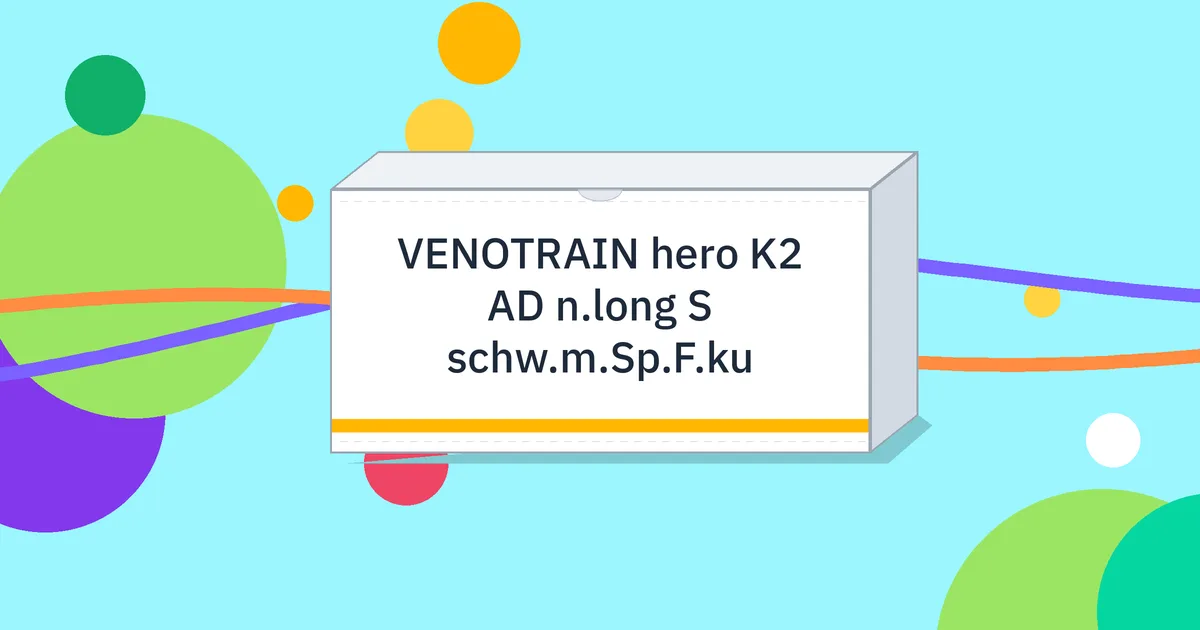 Symbolbild: Packung mit der Aufschrift VENOTRAIN hero K2 AD n.long S schw.m.Sp.F.ku (PZN 19189603) – Verfügbarkeit und Bezug in Apotheken in Frankfurt am Main