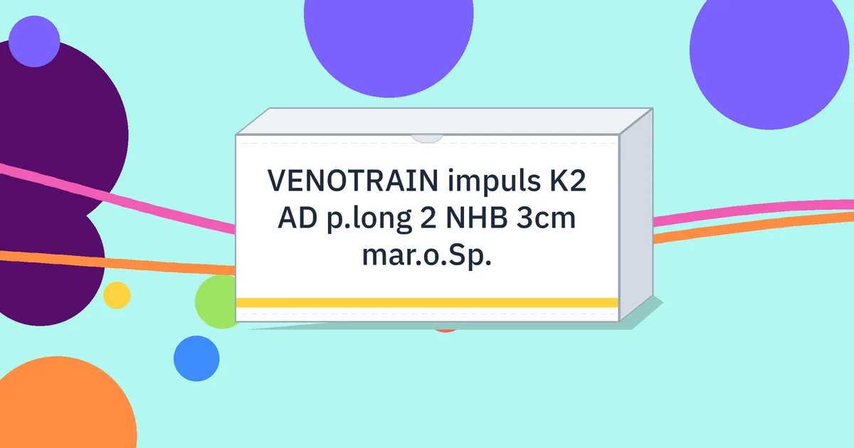 Symbolbild: Packung mit der Aufschrift VENOTRAIN impuls K2 AD p.long 2 NHB 3cm mar.o.Sp. (PZN 15223958) – Verfügbarkeit und Bezug in Apotheken in Frankfurt am Main