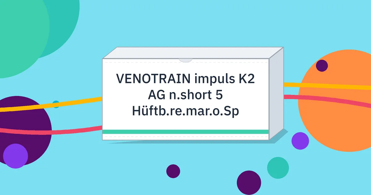 Symbolbild: Packung mit der Aufschrift VENOTRAIN impuls K2 AG n.short 5 Hüftb.re.mar.o.Sp (PZN 15216705) – Verfügbarkeit und Bezug in Apotheken in Frankfurt am Main