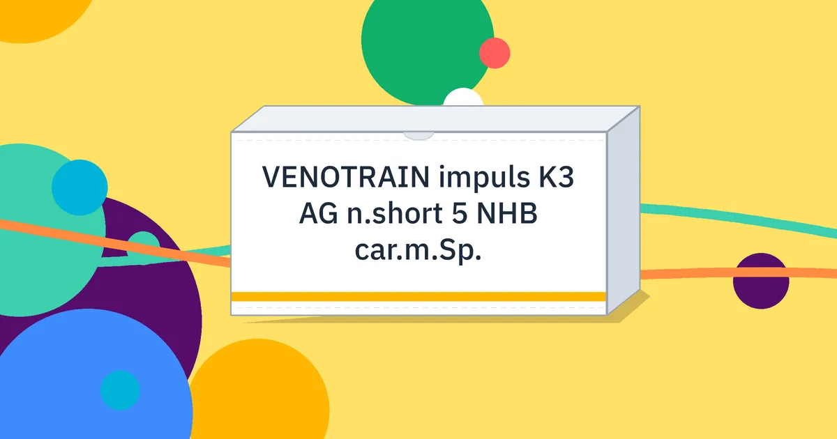 Symbolbild: Packung mit der Aufschrift VENOTRAIN impuls K3 AG n.short 5 NHB car.m.Sp. (PZN 00521207) – Verfügbarkeit und Bezug in Apotheken in Frankfurt am Main