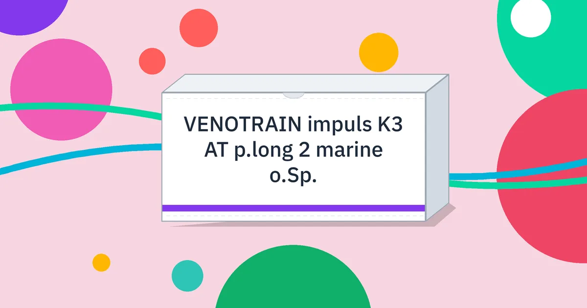 Symbolbild: Packung mit der Aufschrift VENOTRAIN impuls K3 AT p.long 2 marine o.Sp. (PZN 19356018) – Verfügbarkeit und Bezug in Apotheken in Frankfurt am Main