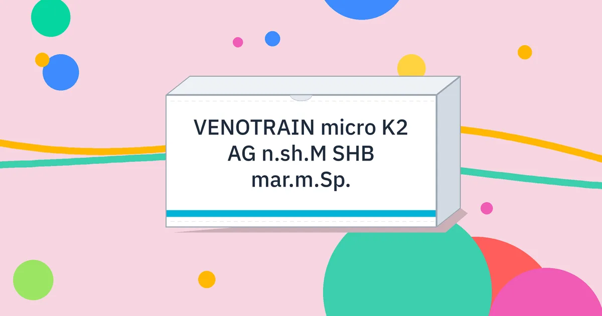 Symbolbild: Packung mit der Aufschrift VENOTRAIN micro K2 AG n.sh.M SHB mar.m.Sp. (PZN 06153182) – Verfügbarkeit und Bezug in Apotheken in Frankfurt am Main
