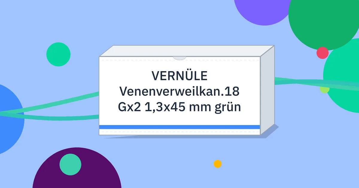 Symbolbild: Packung mit der Aufschrift VERNÜLE Venenverweilkan.18 Gx2 1,3x45 mm grün (PZN 10540281) – Verfügbarkeit und Bezug in Apotheken in Frankfurt am Main