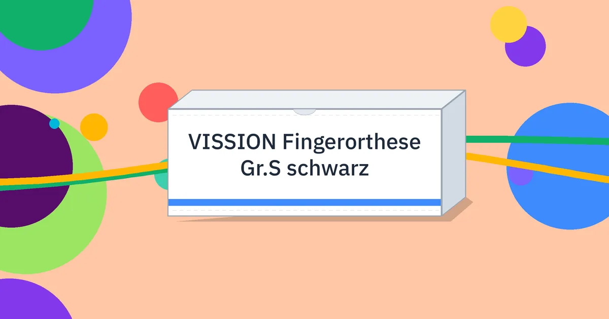 Symbolbild: Packung mit der Aufschrift VISSION Fingerorthese Gr.S schwarz (PZN 14048683) – Verfügbarkeit und Bezug in Apotheken in Frankfurt am Main