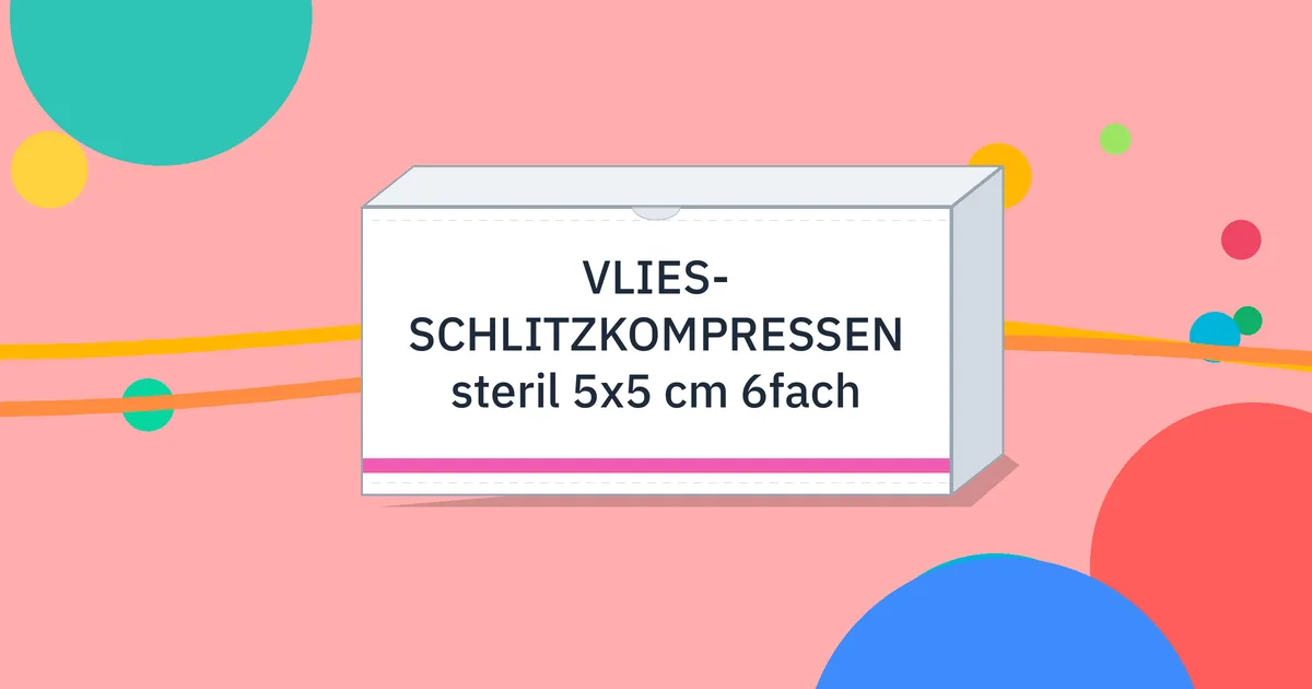 Symbolbild: Packung mit der Aufschrift VLIES-SCHLITZKOMPRESSEN steril 5x5 cm 6fach (PZN 01280154) – Verfügbarkeit und Bezug in Apotheken in Frankfurt am Main