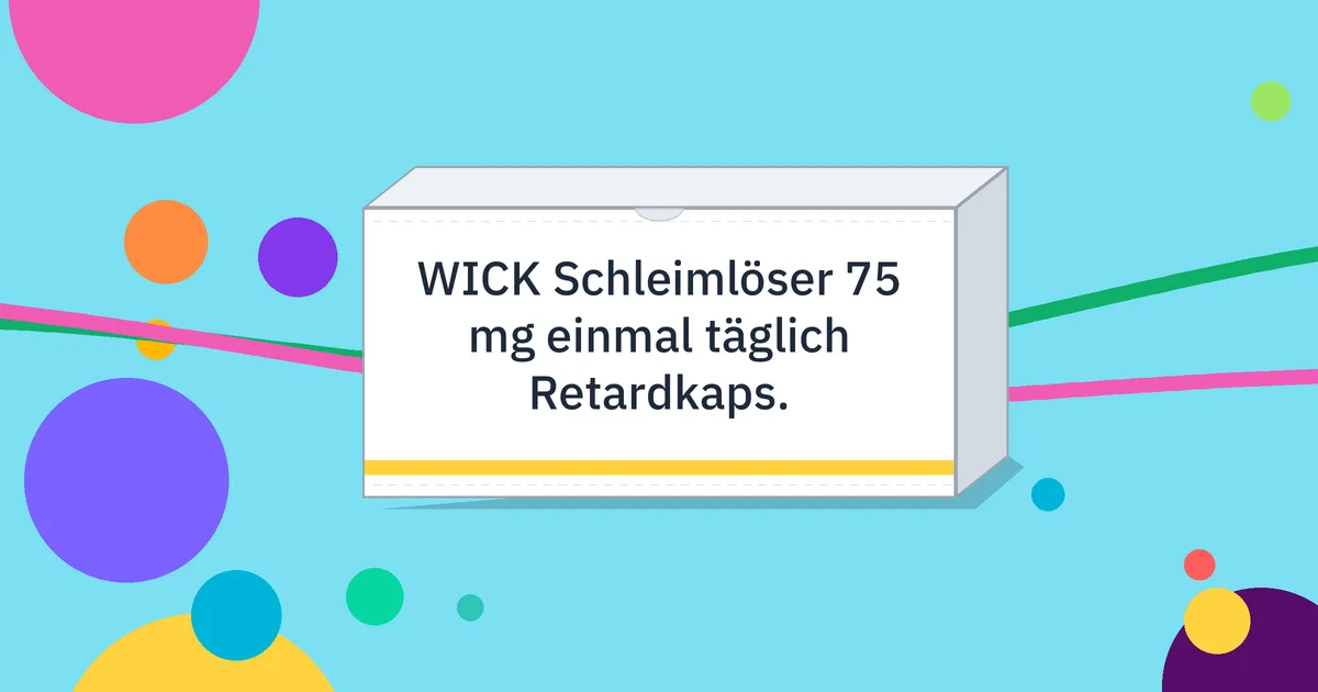 Symbolbild: Packung mit der Aufschrift WICK Schleimlöser 75 mg einmal täglich Retardkaps. (PZN 01616967) – Verfügbarkeit und Bezug in Apotheken in Frankfurt am Main