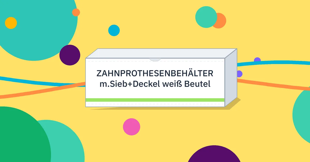 Symbolbild: Packung mit der Aufschrift ZAHNPROTHESENBEHÄLTER m.Sieb+Deckel weiß Beutel (PZN 19132951) – Verfügbarkeit und Bezug in Apotheken in Frankfurt am Main