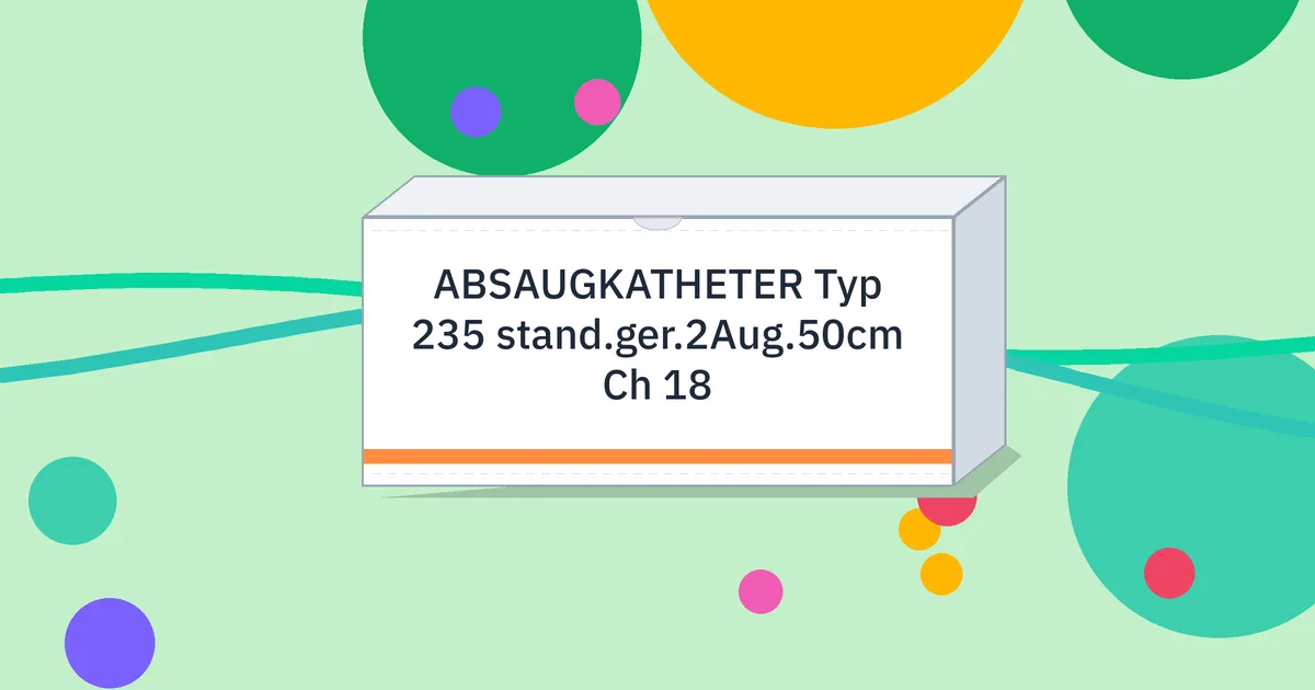 Symbolbild: Packung mit der Aufschrift ABSAUGKATHETER Typ 235 stand.ger.2Aug.50cm Ch 18 (PZN 16598991) – Verfügbarkeit und Bezug in Apotheken in Frankfurt am Main