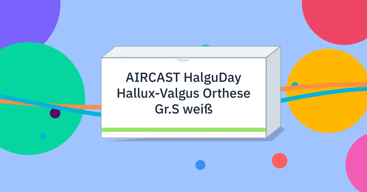 Symbolbild: Packung mit der Aufschrift AIRCAST HalguDay Hallux-Valgus Orthese Gr.S weiß (PZN 20571236) – Verfügbarkeit und Bezug in Apotheken in Frankfurt am Main