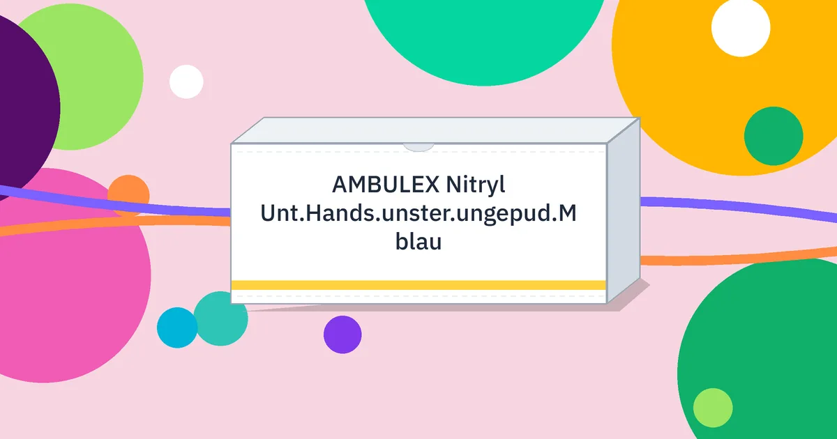 Symbolbild: Packung mit der Aufschrift AMBULEX Nitryl Unt.Hands.unster.ungepud.M blau (PZN 12338224) – Verfügbarkeit und Bezug in Apotheken in Frankfurt am Main