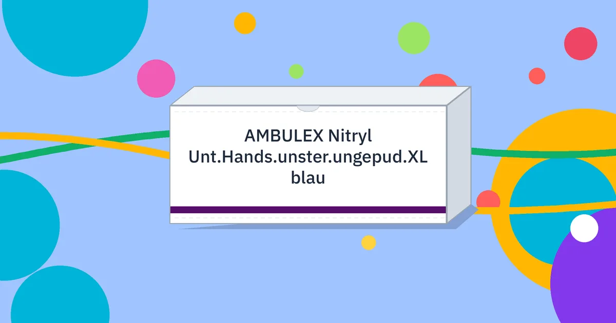 Symbolbild: Packung mit der Aufschrift AMBULEX Nitryl Unt.Hands.unster.ungepud.XL blau (PZN 12338282) – Verfügbarkeit und Bezug in Apotheken in Frankfurt am Main
