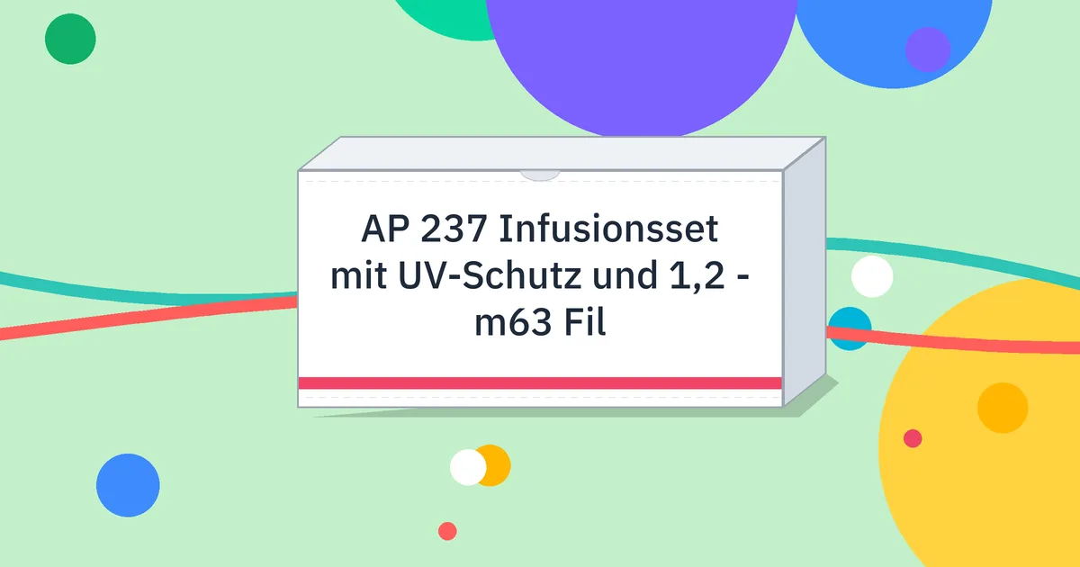 Symbolbild: Packung mit der Aufschrift AP 237 Infusionsset mit UV-Schutz und 1,2 -m63 Fil (PZN 19105486) – Verfügbarkeit und Bezug in Apotheken in Frankfurt am Main