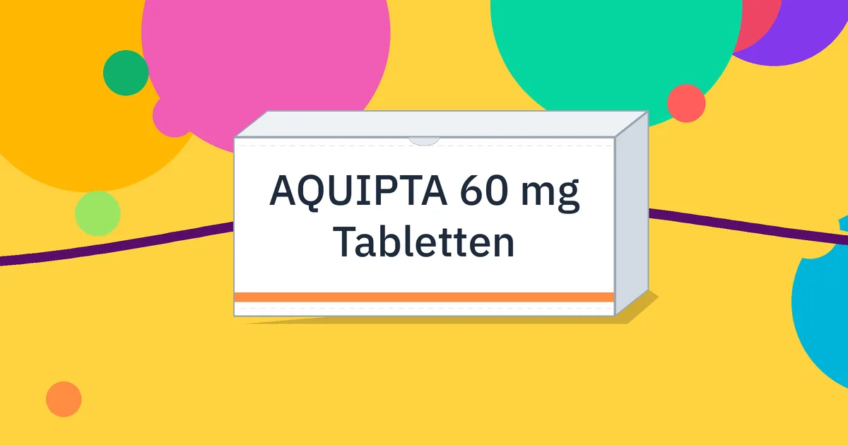 Symbolbild: Packung mit der Aufschrift AQUIPTA 60 mg Tabletten (PZN 20108320) – Verfügbarkeit und Bezug in Apotheken in Frankfurt am Main