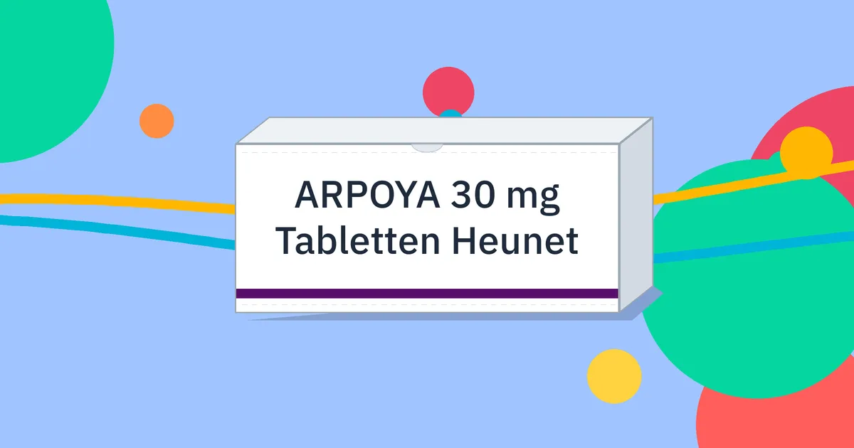 Symbolbild: Packung mit der Aufschrift ARPOYA 30 mg Tabletten Heunet (PZN 13877006) – Verfügbarkeit und Bezug in Apotheken in Frankfurt am Main