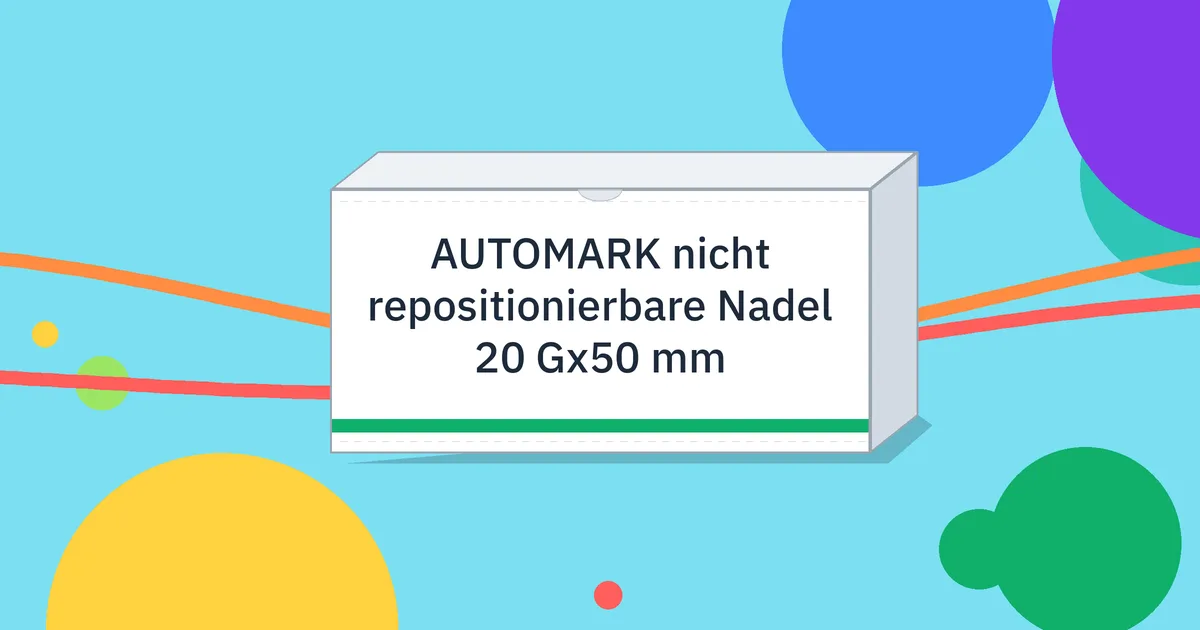 Symbolbild: Packung mit der Aufschrift AUTOMARK nicht repositionierbare Nadel 20 Gx50 mm (PZN 19736749) – Verfügbarkeit und Bezug in Apotheken in Frankfurt am Main