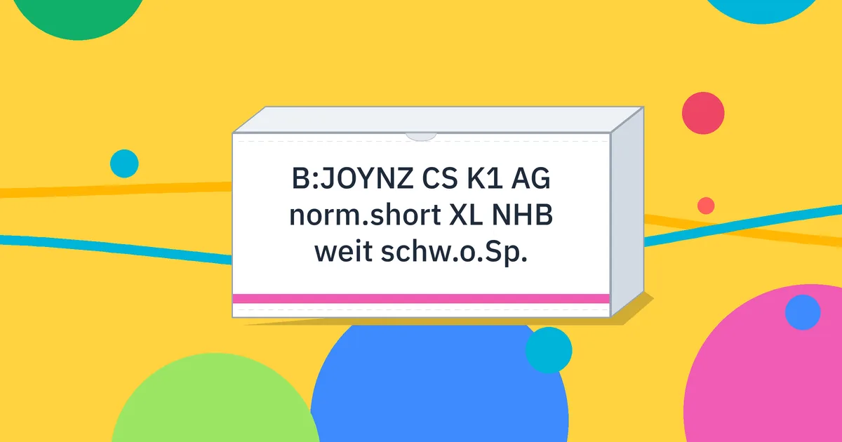 Symbolbild: Packung mit der Aufschrift B:JOYNZ CS K1 AG norm.short XL NHB weit schw.o.Sp. (PZN 20536033) – Verfügbarkeit und Bezug in Apotheken in Frankfurt am Main