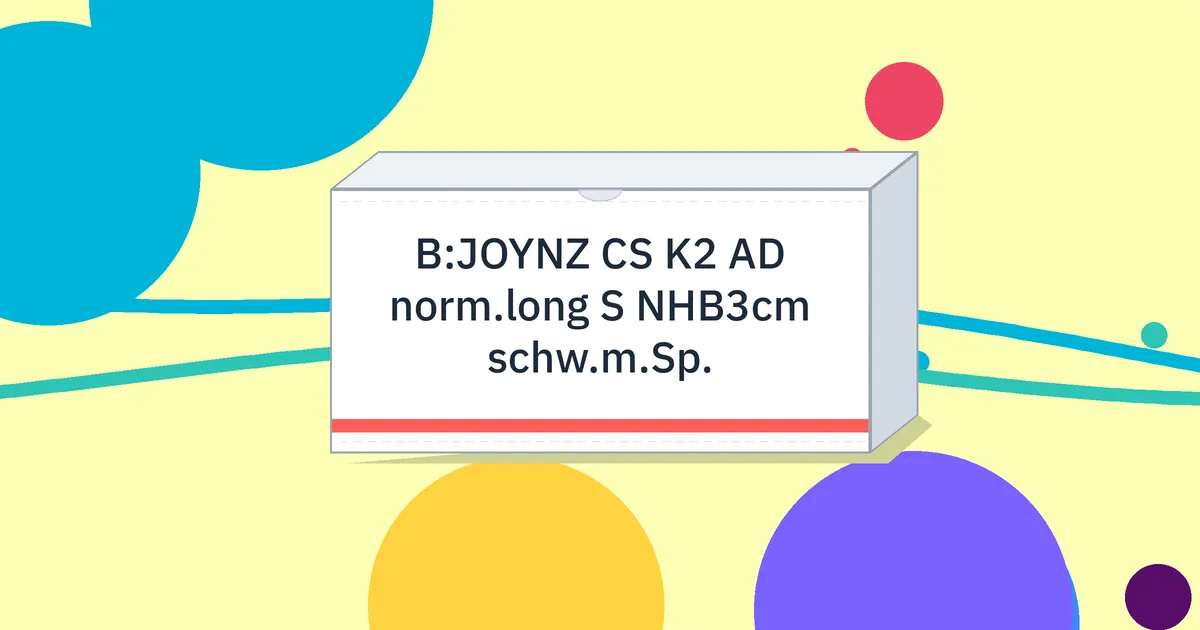 Symbolbild: Packung mit der Aufschrift B:JOYNZ CS K2 AD norm.long S NHB3cm schw.m.Sp. (PZN 20526951) – Verfügbarkeit und Bezug in Apotheken in Frankfurt am Main