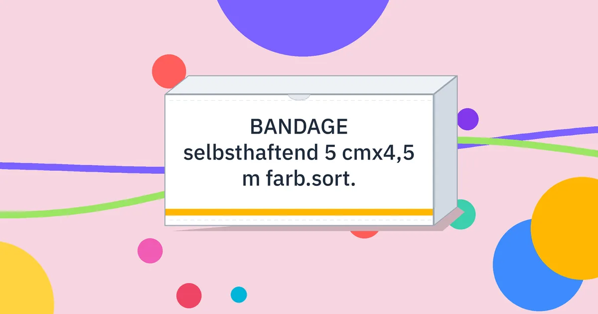 Symbolbild: Packung mit der Aufschrift BANDAGE selbsthaftend 5 cmx4,5 m farb.sort. (PZN 09230776) – Verfügbarkeit und Bezug in Apotheken in Frankfurt am Main