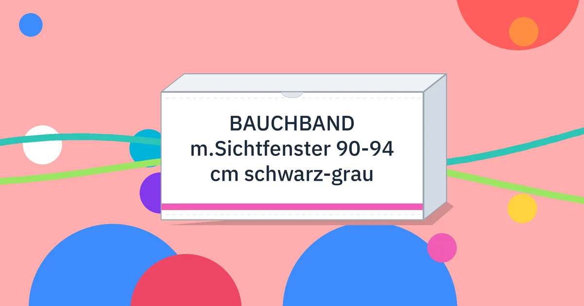 Symbolbild: Packung mit der Aufschrift BAUCHBAND m.Sichtfenster 90-94 cm schwarz-grau (PZN 17837914) – Verfügbarkeit und Bezug in Apotheken in Frankfurt am Main