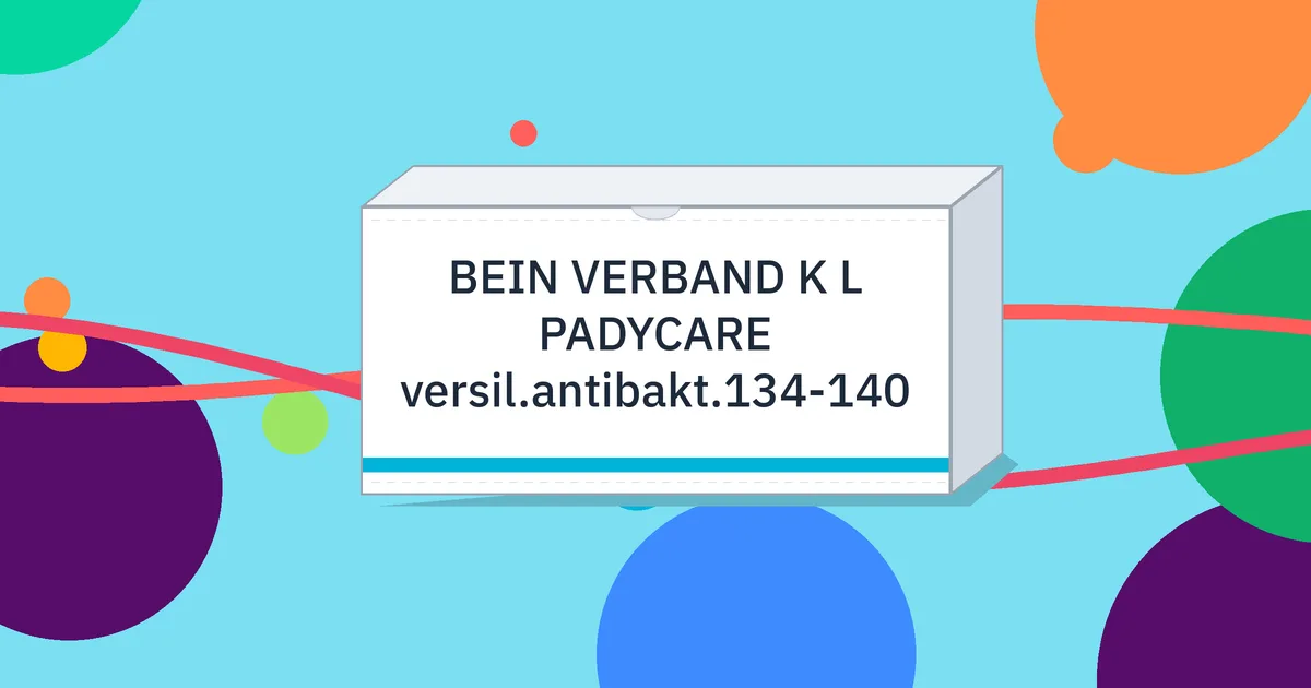 Symbolbild: Packung mit der Aufschrift BEIN VERBAND K L PADYCARE versil.antibakt.134-140 (PZN 10938701) – Verfügbarkeit und Bezug in Apotheken in Frankfurt am Main