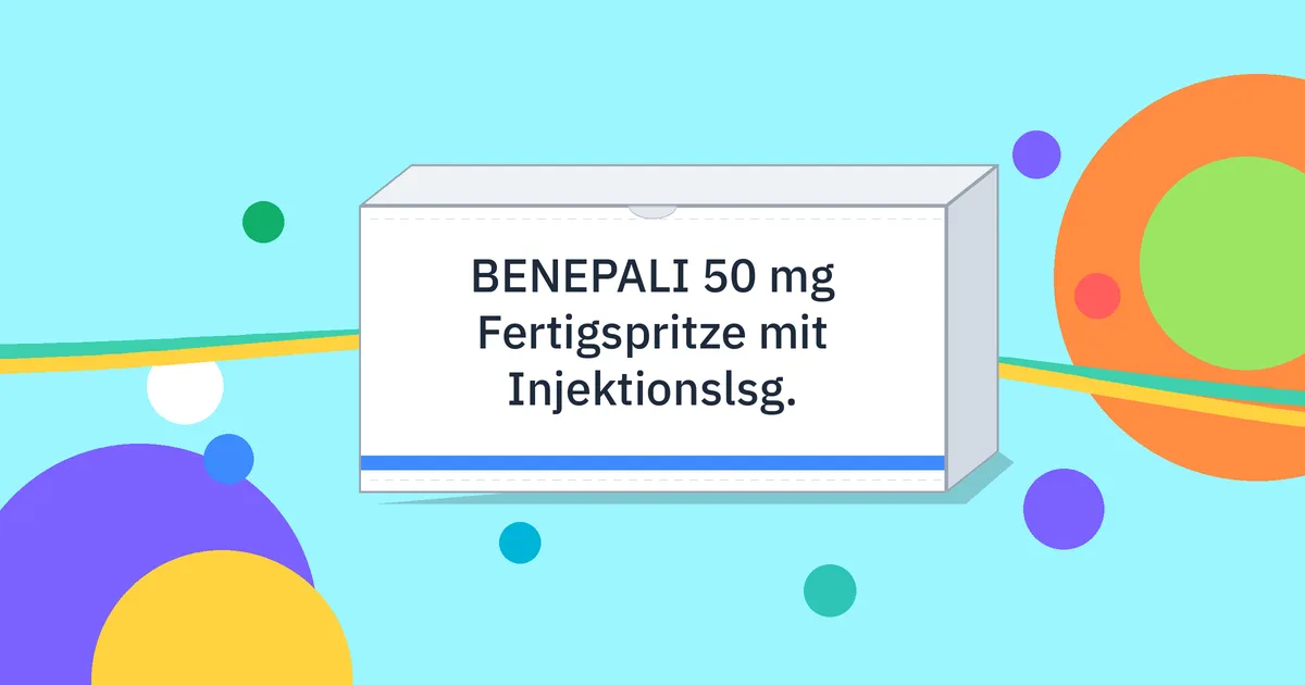 Symbolbild: Packung mit der Aufschrift BENEPALI 50 mg Fertigspritze mit Injektionslsg. (PZN 11853734) – Verfügbarkeit und Bezug in Apotheken in Frankfurt am Main