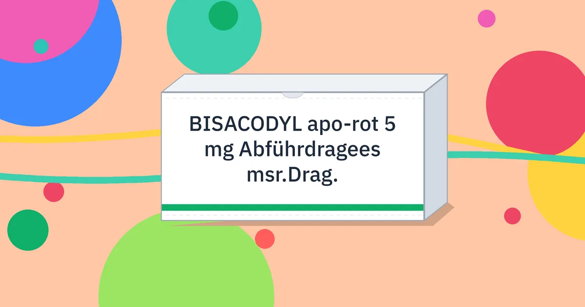 Symbolbild: Packung mit der Aufschrift BISACODYL apo-rot 5 mg Abführdragees msr.Drag. (PZN 13816565) – Verfügbarkeit und Bezug in Apotheken in Frankfurt am Main