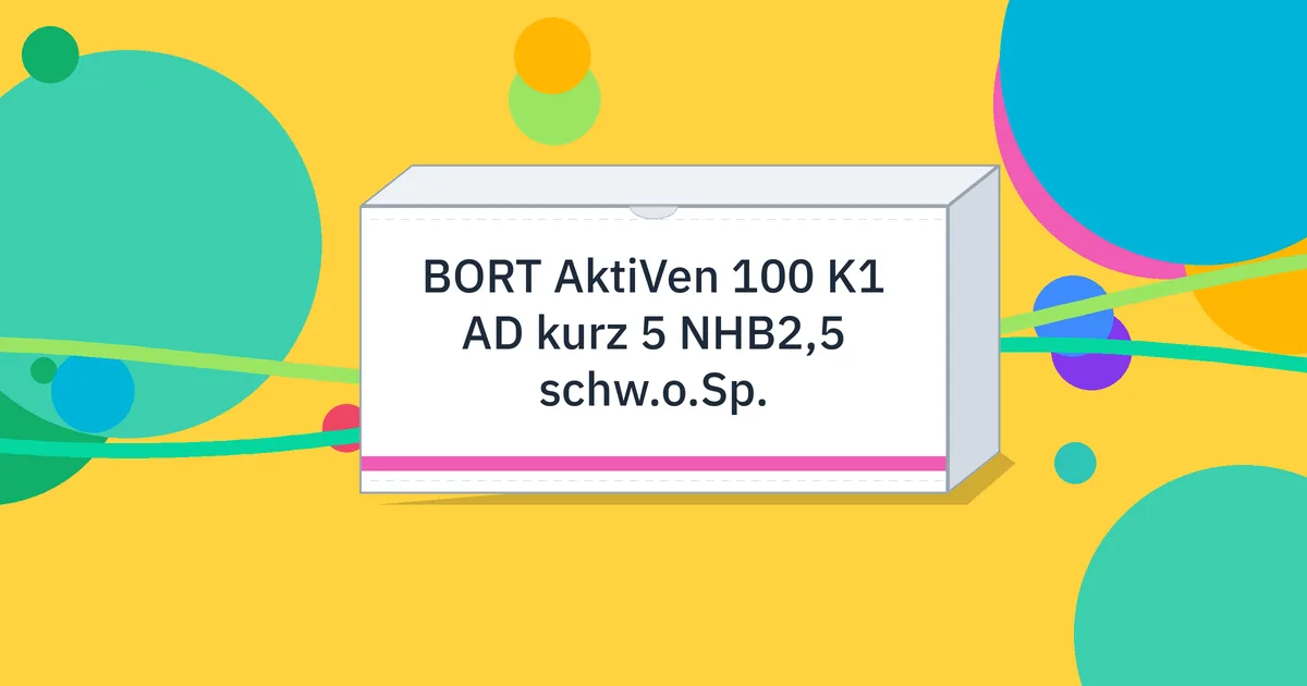 Symbolbild: Packung mit der Aufschrift BORT AktiVen 100 K1 AD kurz 5 NHB2,5 schw.o.Sp. (PZN 17502065) – Verfügbarkeit und Bezug in Apotheken in Frankfurt am Main