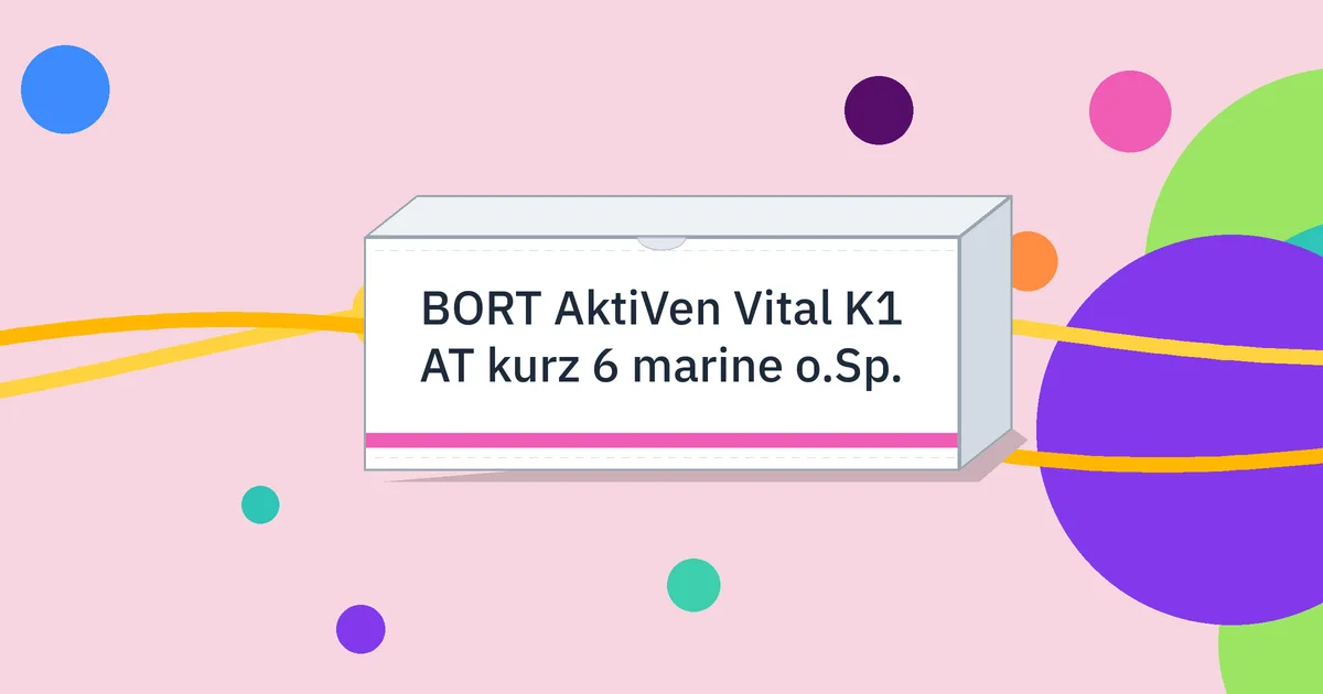 Symbolbild: Packung mit der Aufschrift BORT AktiVen Vital K1 AT kurz 6 marine o.Sp. (PZN 13741100) – Verfügbarkeit und Bezug in Apotheken in Frankfurt am Main