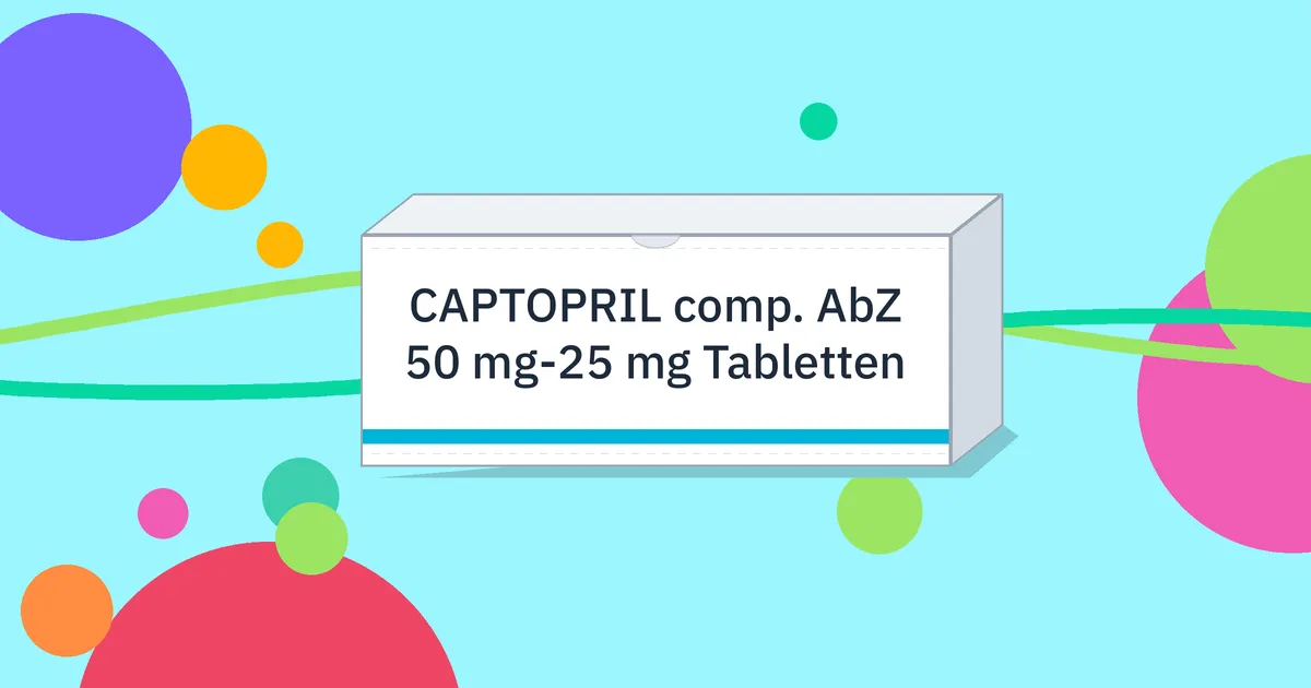 Symbolbild: Packung mit der Aufschrift CAPTOPRIL comp. AbZ 50 mg-25 mg Tabletten (PZN 01015328) – Verfügbarkeit und Bezug in Apotheken in Frankfurt am Main
