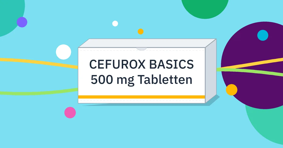 Symbolbild: Packung mit der Aufschrift CEFUROX BASICS 500 mg Tabletten (PZN 10843159) – Verfügbarkeit und Bezug in Apotheken in Frankfurt am Main