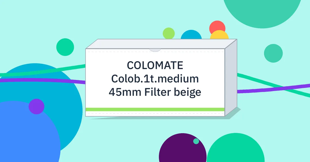 Symbolbild: Packung mit der Aufschrift COLOMATE Colob.1t.medium 45mm Filter beige (PZN 03740447) – Verfügbarkeit und Bezug in Apotheken in Frankfurt am Main
