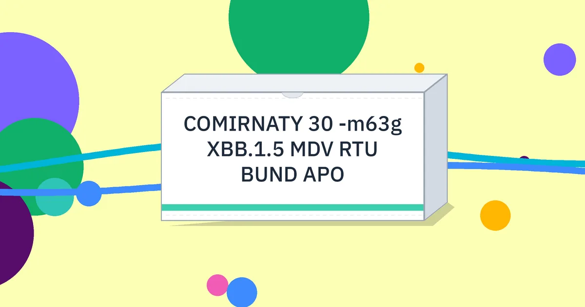 Symbolbild: Packung mit der Aufschrift COMIRNATY 30 -m63g XBB.1.5 MDV RTU BUND APO (PZN 18910286) – Verfügbarkeit und Bezug in Apotheken in Frankfurt am Main