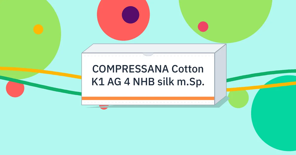 Symbolbild: Packung mit der Aufschrift COMPRESSANA Cotton K1 AG 4 NHB silk m.Sp. (PZN 11393356) – Verfügbarkeit und Bezug in Apotheken in Frankfurt am Main
