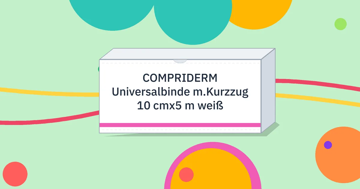 Symbolbild: Packung mit der Aufschrift COMPRIDERM Universalbinde m.Kurzzug 10 cmx5 m weiß (PZN 20111322) – Verfügbarkeit und Bezug in Apotheken in Frankfurt am Main