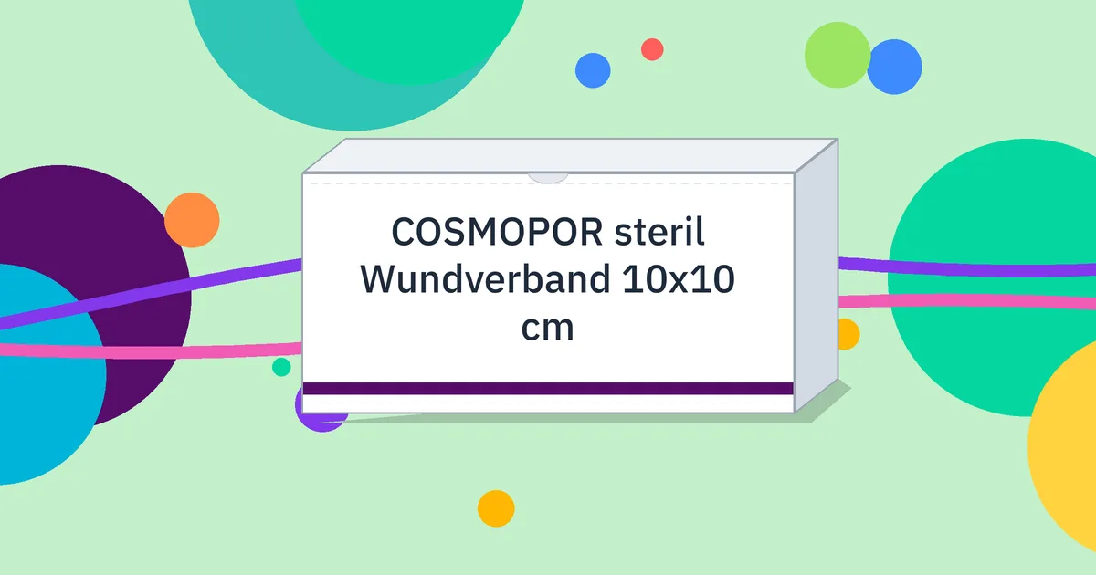 Symbolbild: Packung mit der Aufschrift COSMOPOR steril Wundverband 10x10 cm (PZN 19699480) – Verfügbarkeit und Bezug in Apotheken in Frankfurt am Main