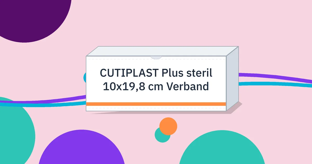 Symbolbild: Packung mit der Aufschrift CUTIPLAST Plus steril 10x19,8 cm Verband (PZN 09755651) – Verfügbarkeit und Bezug in Apotheken in Frankfurt am Main