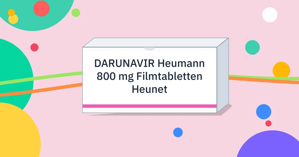 Symbolbild: Packung mit der Aufschrift DARUNAVIR Heumann 800 mg Filmtabletten Heunet (PZN 17592016) – Verfügbarkeit und Bezug in Apotheken in Frankfurt am Main