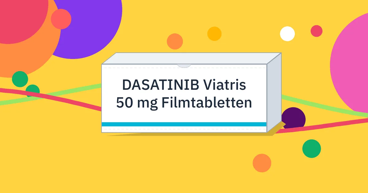 Symbolbild: Packung mit der Aufschrift DASATINIB Viatris 50 mg Filmtabletten (PZN 18274726) – Verfügbarkeit und Bezug in Apotheken in Frankfurt am Main